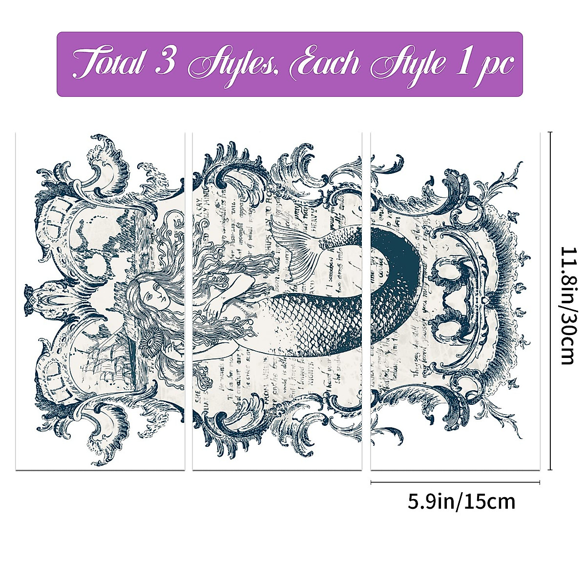 GLOBLELAND 3 Sheets Mermaid Transfer Stickers 6x12inch Sea Wave Rub on Decor Transfers Sticker Decals for Furniture Cabinet Wood Door DIY Craft