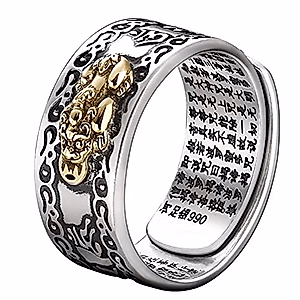 JAJAFOOK 990 Silver PIXIU MANI Amulet Lucky Wealth Buddhist Mantra Ring Wealth Money Feng Shui Ring Jewelry, Adjustable, Women