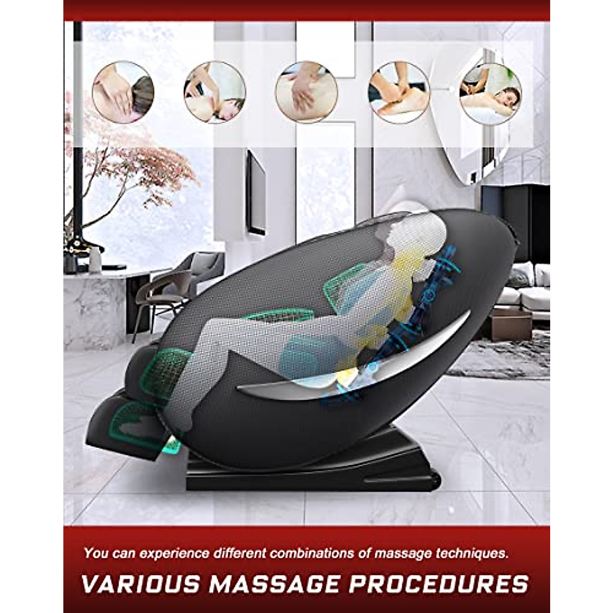 BILITOK Massage Chair Recliner with Zero Gravity, Full Body Massage Chair with Heating, Bluetooth Speaker, Airbags, Foot Roller, Touch Screen, Space-Saving for Office,Faux Leather (Black)