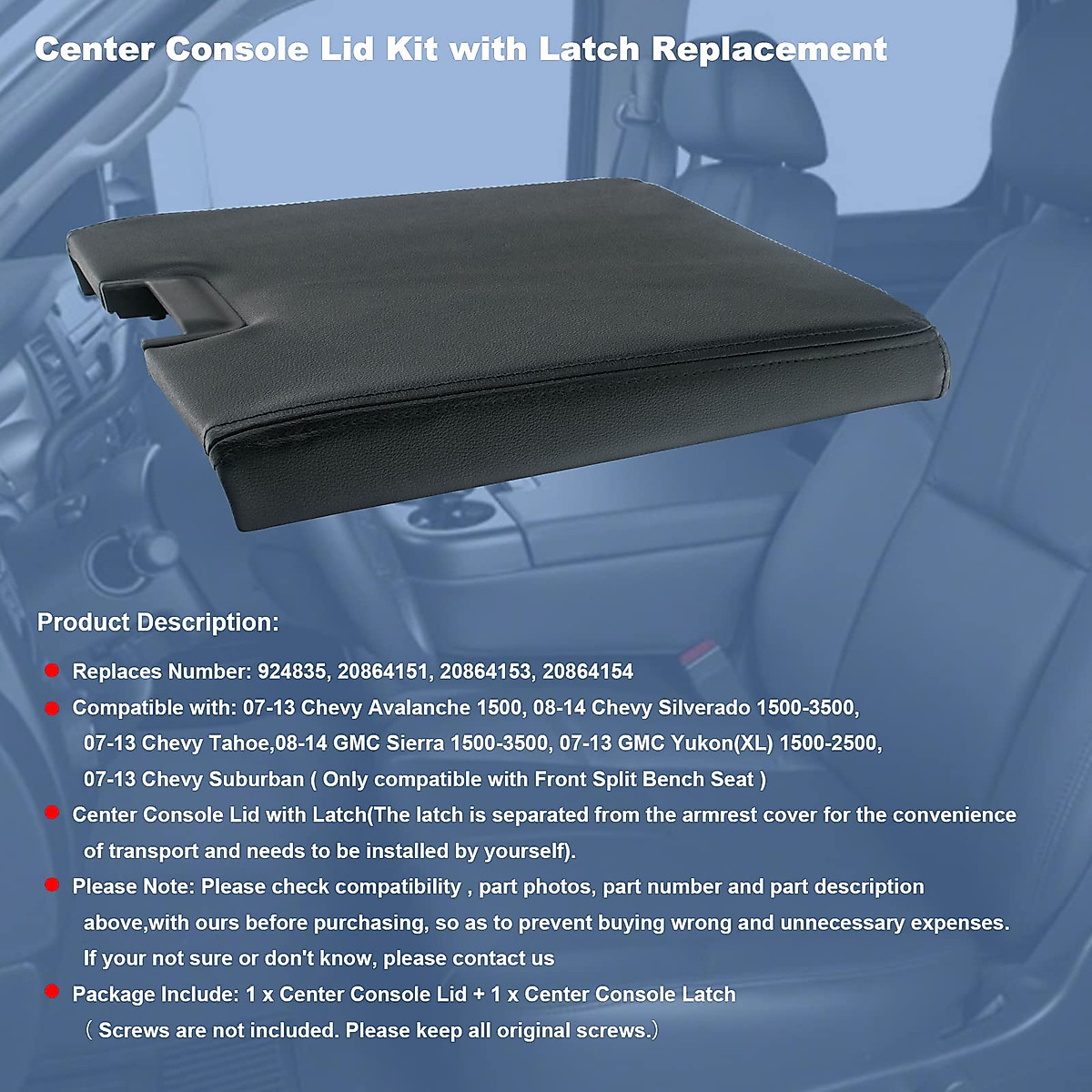 NHILES Center Console Lid Kit with Latch Compatible with 2007-2013 Chevy Tahoe/Avalanche/ 2008-2014 Silverado/GMC Yukon(XL)/Sierra 1500/2500/3500 center console cover replace #20864151（Black）