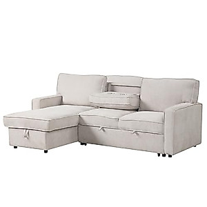 YUNLife&Home Convertible Pull Out Sleeper Sectional Sofa Bed,Upholstery L-Shaped 3-Seat Corner Couch with Reversible Storage Chaise,USB Port&2 Cup Holders on Back Cushions,Chaise Lounge Sofá Couches