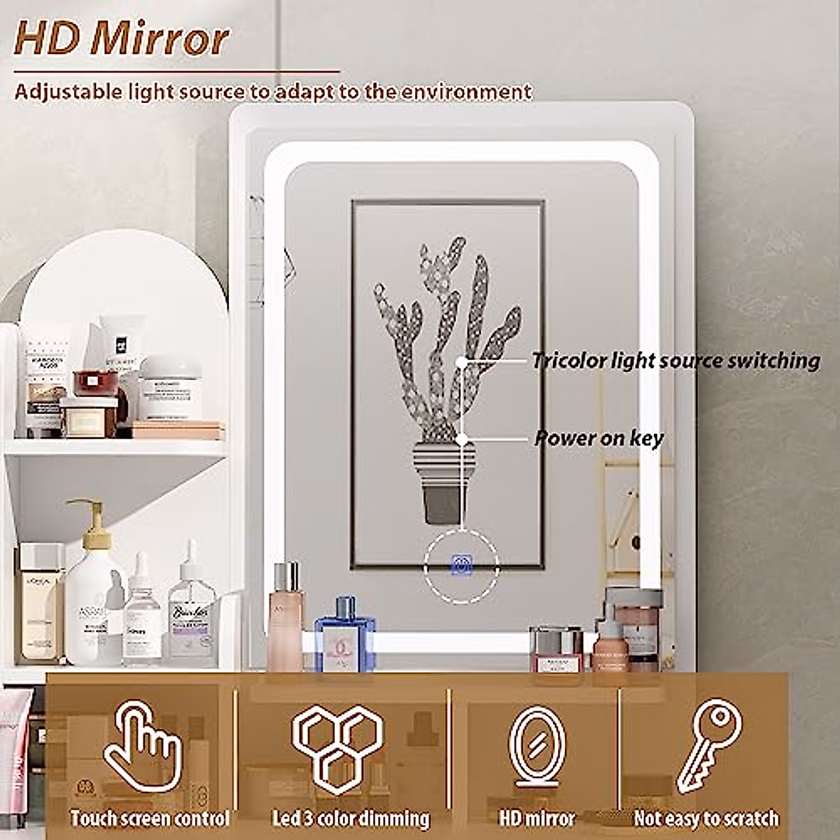 FUFU&GAGA Vanity Set with Mirror, Makeup Vanity Dressing Table with 5 Drawers, Shelves, Dresser Desk and Cushioned Stool Set (Lighted Mirror Vanity Set, 31.5" W x 15.7" D x 55.1" H)