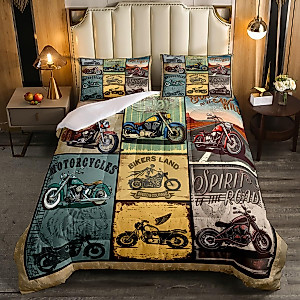 Feelyou Motorcycle Bedding Set Kids Retro Motorcycles Comforter for Boys Girls Teens Vintage Old School Comforter Set Extreme Sports Quilt Room Decor Bedspread Queen Size Boys