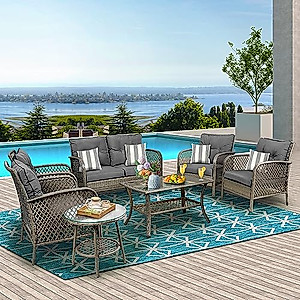 Auzfy Outdoor Patio Furniture Set, 7 Pieces PE Wicker Patio Conversation Sets, Rattan Outdoor Sectional Furniture Set with 4 Pillows & Coffee Table for Garden Backyard Deck, Grey Cushions