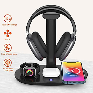 B-15A 4 in 1 Wireless Charger Headphone Stand, Wireless Charger Headphone Charging Hanger, 15W Fast Charge Detachable for iOS Series Wireless Charging Devices