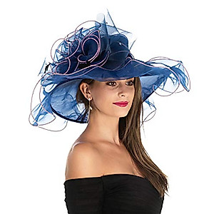 Women's Organza Church Kentucky Derby British Fascinator Bridal Tea Party Wedding Hat Summer Ruffles Cap (H5-Navy Line)