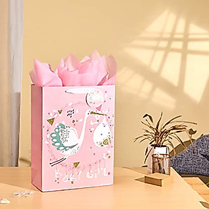 SUNCOLOR 16.5" Extra Large Gift Bags for Baby Shower with Tissue Paper(2 Pack, Baby Girl)