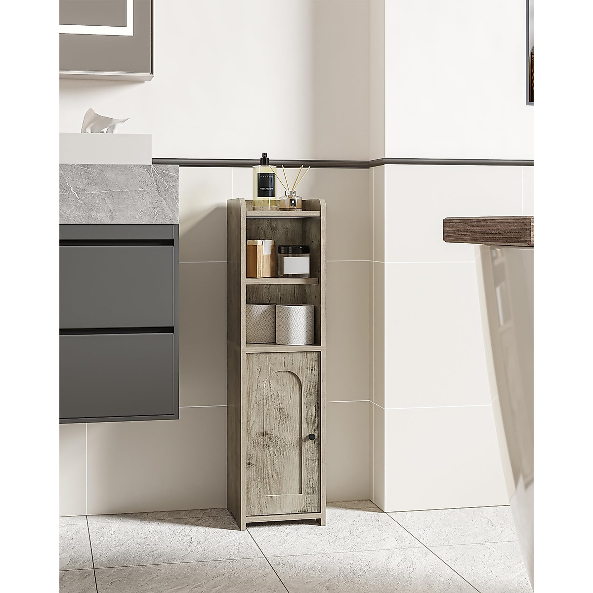 Hzuaneri Bathroom Storage Cabinet, Corner Floor Cabinet with Doors and Adjustable Shelf, Narrow Toilet Paper Cabinet, Bathroom Organizer for Small Spaces, Greige BC19705X