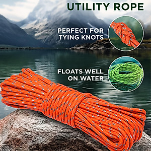 TECEUM Rope – 90 Feet x 1/4 Inch (7mm) – Orange Gray – Strong All-Purpose Utility Rope – Camping, Crafting, Flag Pole, Indoor & Outdoor – Polypropylene Nylon Poly Lightweight Diamond Braided Cord