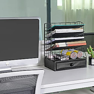 5-Trays File Organizer with Drawer,Mesh Desk Organizers,Letter Tray Paper Organizer,Height Adjustable File Holder for Office School Home（Black）