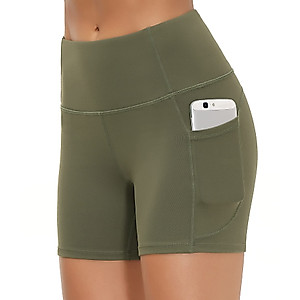 THE GYM PEOPLE High Waist Yoga Shorts for Women's Tummy Control Fitness Athletic Workout Running Shorts with Deep Pockets (Small, Olive Green)
