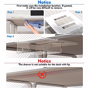 3 Pack Under Desk Drawer Organizer, Slide Out Desk Drawer, Clear Plastic Drawer Under Desk for Office, School, Home, Hidden Desktop Organizer Pen Holder for Desk Self-Adhesive (Clear, 3 Size)