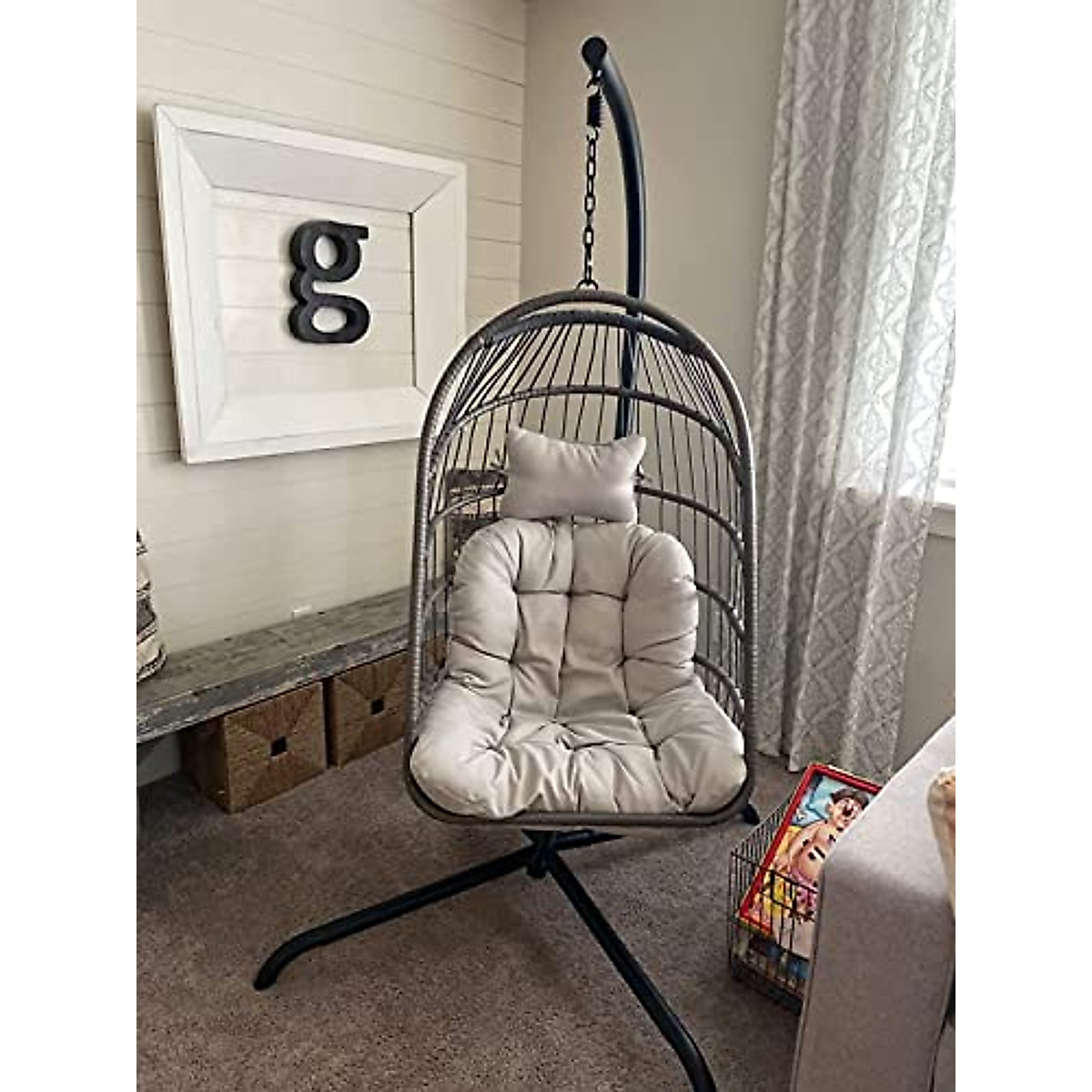 Wicker Ratten Swing Egg Chair with Stand Patio Hanging Basket Chair with Stand (Gray)
