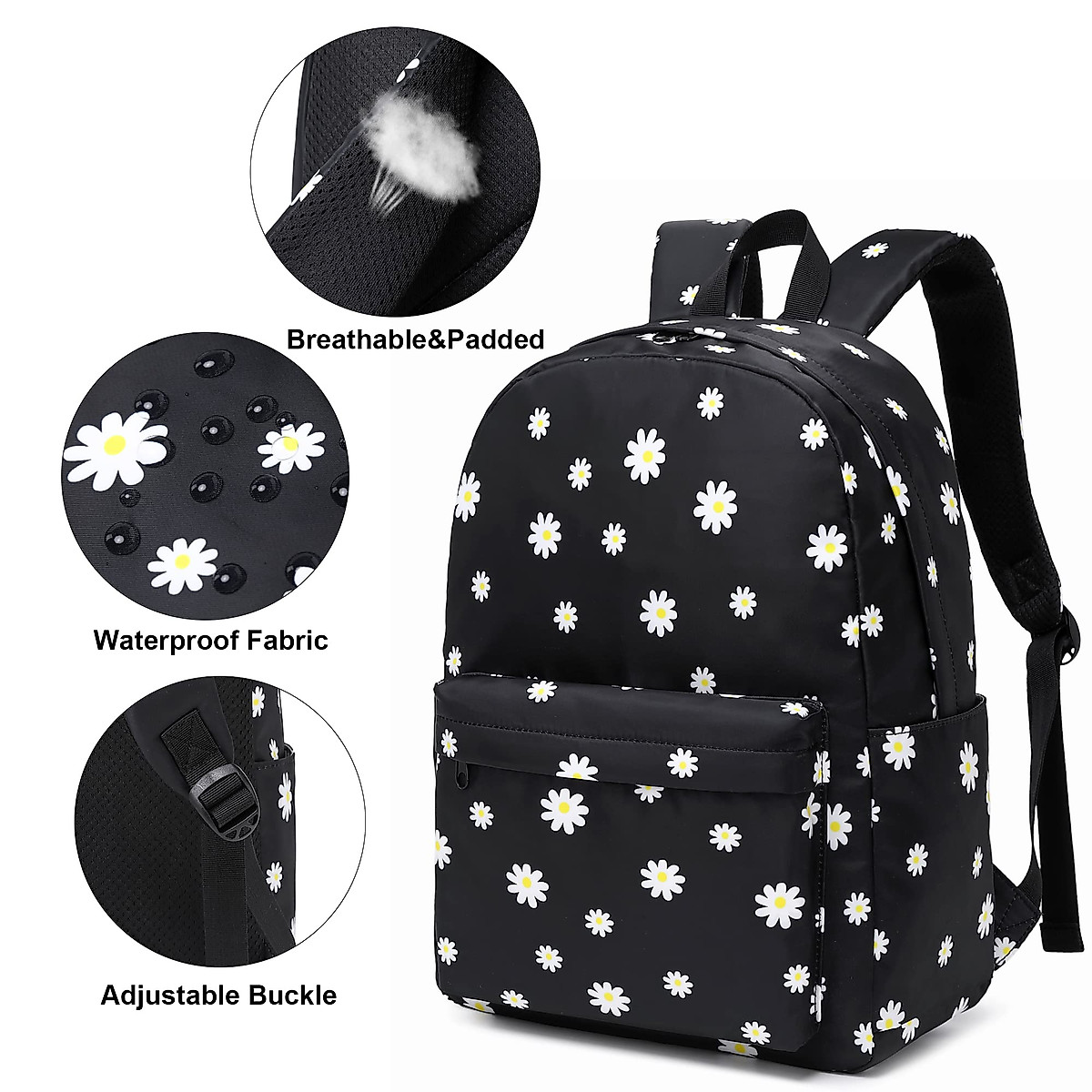 Mimfutu School Backpack for Teen Girls, 3-in-1 Kids Backpack Bookbag Set School Bags with Lunch Box Pencil Case (Flowers Black)