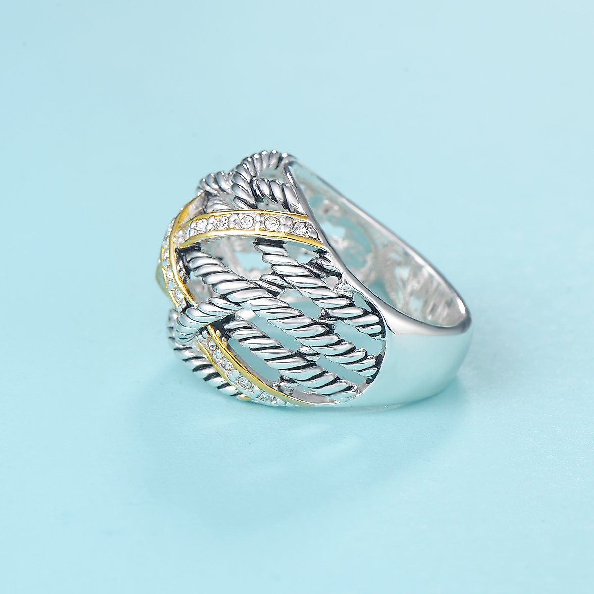 UNY Ring Twisted Cable Wire Weave Designer Fashion Brand David Womens Vintage Valentine Love Gifts Rings (silver-and-gold-plated-brass, 7)