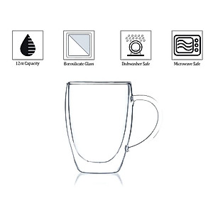 Blooming Life Style 2-Pack 12 Oz Double Walled Glass Coffee Mugs with Handle,Insulated Layer Coffee Cups,Clear Borosilicate Glass Mugs,Perfect for Cappuccino,Tea,Latte,Espresso,Hot Beverage