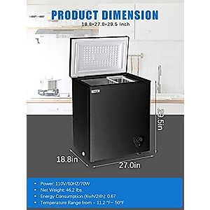 Chest Freezer Freestanding Deep Freezer 5.0 Cu Ft with Storage Basket and Adjustable Feet Top Open Door Small Compact Freezer Adjustable Thermostats for Garage Dorm Kitchen Office Business, Black