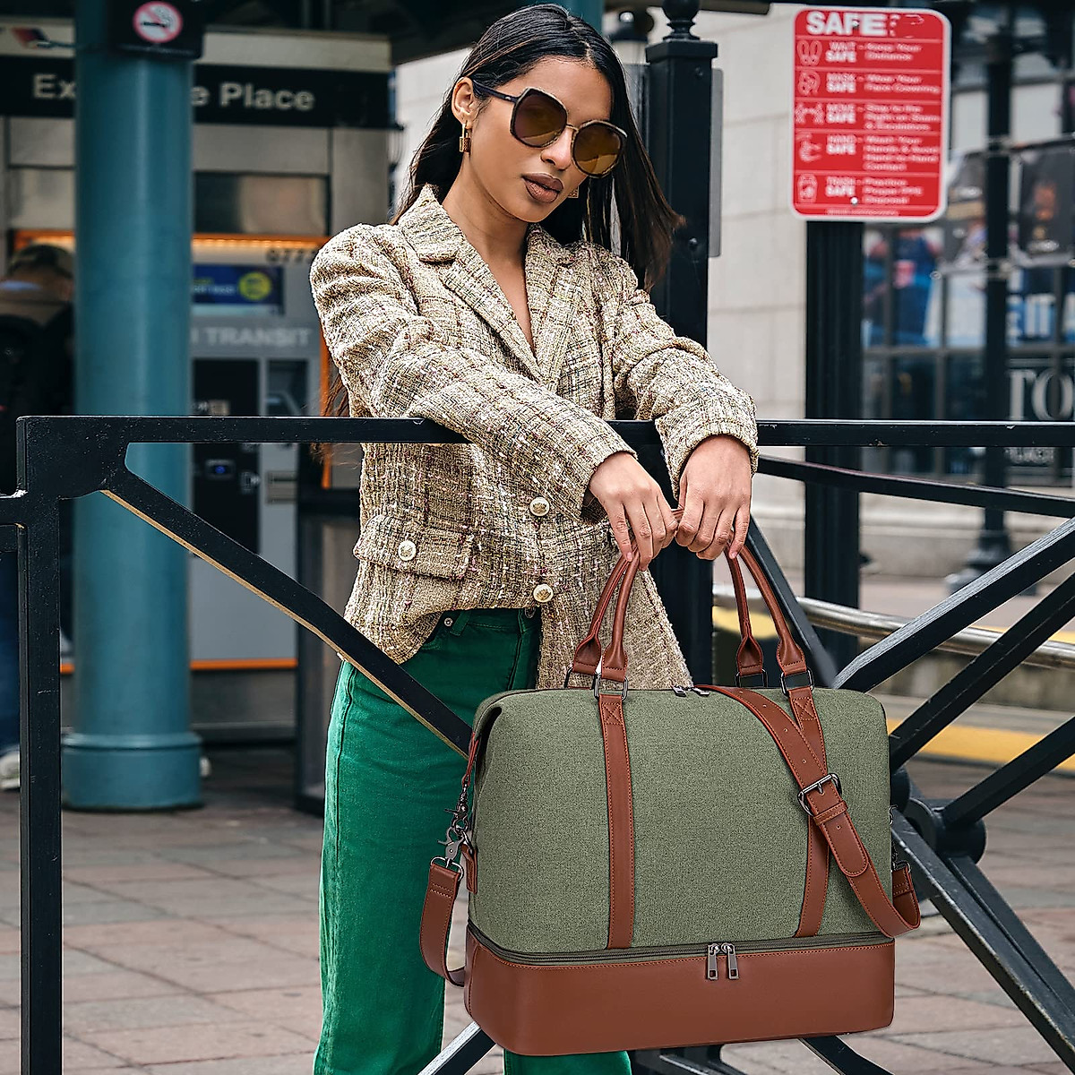 Bluboon Women Ladies Carry-on Tote Weekender Bag with Shoe Compartment, Canvas Overnight Travel Duffle Bag in Trolly Handle