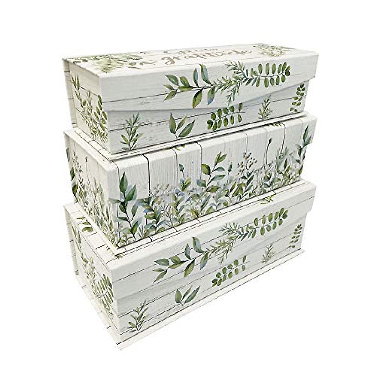 VOTUM Set of 3 Nesting Hinged Lid Storage Boxes - Decorative Stackable Spiritual Paperboard Containers with Magnetic Tab Clasp - Inspirational Phrases (Grow Gratitude)