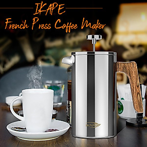 IKAPE French Press Coffee Maker, 34 OZ 304 Stainless Steel Espresso Coffee & Tea Maker with 4 Level Filtration System(Silver)