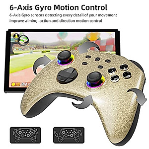 Mytrix Gold Wireless Switch Controller Compatible with Nintendo Switch/OLED/Lite Steam Deck, Pro Controller with Turbo, Motion, Vibration, Wake-Up, Headphone Jack and Dynamic Joystick RGB Lighting
