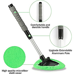 JUSTTOP Windshield Cleaning Tool, Car Window Cleaner with Unbreakable Extendable Long-Reach Handle and Washable Reusable Microfiber Cloth, Car Exterior Accessories, Green