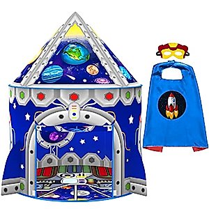ImpiriLux Play Tent for Kids with Cape and Mask Costume Set | Rocket Themed Children's Pop Up Playhouse Fort for Boys and Girls