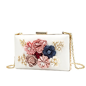 LETODE Women's Evening Bag Flower Wedding Evening Clutch Purse Bride Floral Clutch Bag Beaded Evening Shoulder Handbag (White)