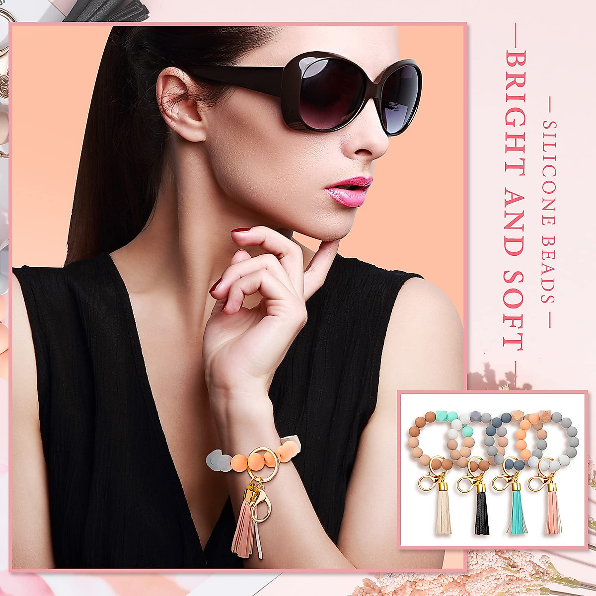 4 Pieces Silicone Key Ring Bracelet Beaded Wrislet Keychain Circle Keychains for Women Round Keychain Bracelet Portable Car Key Holder Stretchy Bangle Keychain with Leather Tassel for Unisex Adults