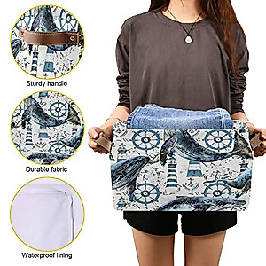 Storage Basket Nautical Sea Animal Whale Lighthouse Storage Cube Box Durable Canvas Collapsible Toy Basket Organizer Bin with Handles for Shelf Closet Bedroom Home Office