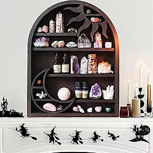 Crystal Shelf Display Crescent Moon Rack Witchy Crystal Holder for Stones Essential Oils Essentials Shelves Wall Decor Rustic Wooden Display Boho Meditation Home Decor (Model1-House)