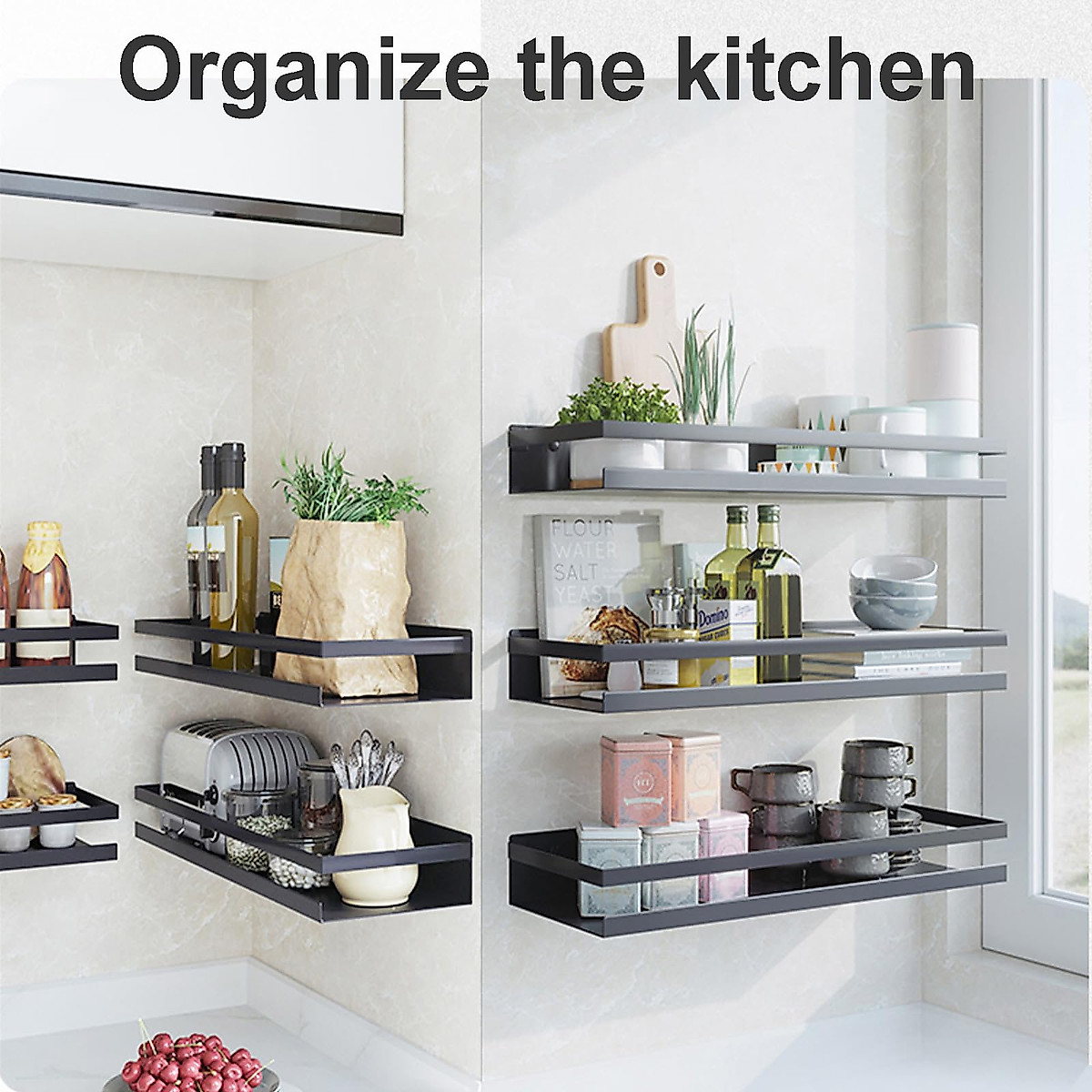 YANYYGu Wall Mounted Rectangular Storage Shelf for Bathrooms, Waterproof and Rustproof Bathroom Shower Caddy, Kitchen Spice Rack, Nail-Free Installation（8 Inch Black）