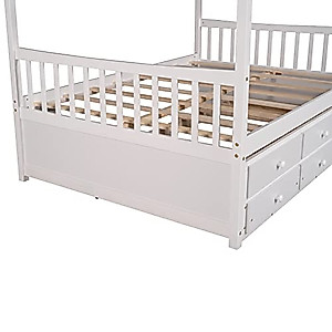 YuiHome Full House Bed with Trundle and 3 Storage Drawers, Full Captain's Beds Wooden Storage Daybed Frame for Kids Teens Boys Girls,No Box Spring Needed,White