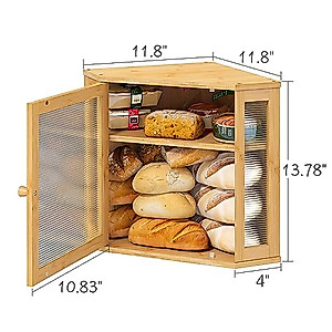viewcare Corner Bread Box for Kitchen Counter, Bamboo Wood Large Capacity Bread Storage Bin with Acrylic Wavy Door Panel (Natural, Meduim)