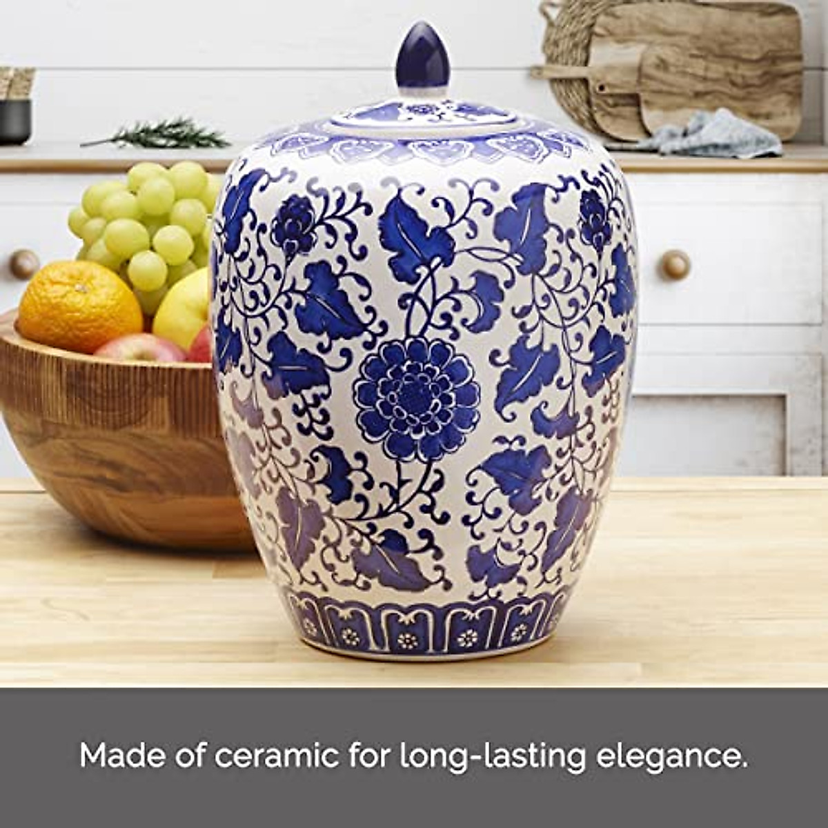 Mikasa 8x8x12 Inch Blue and White Floral Ceramic Canister with Lid