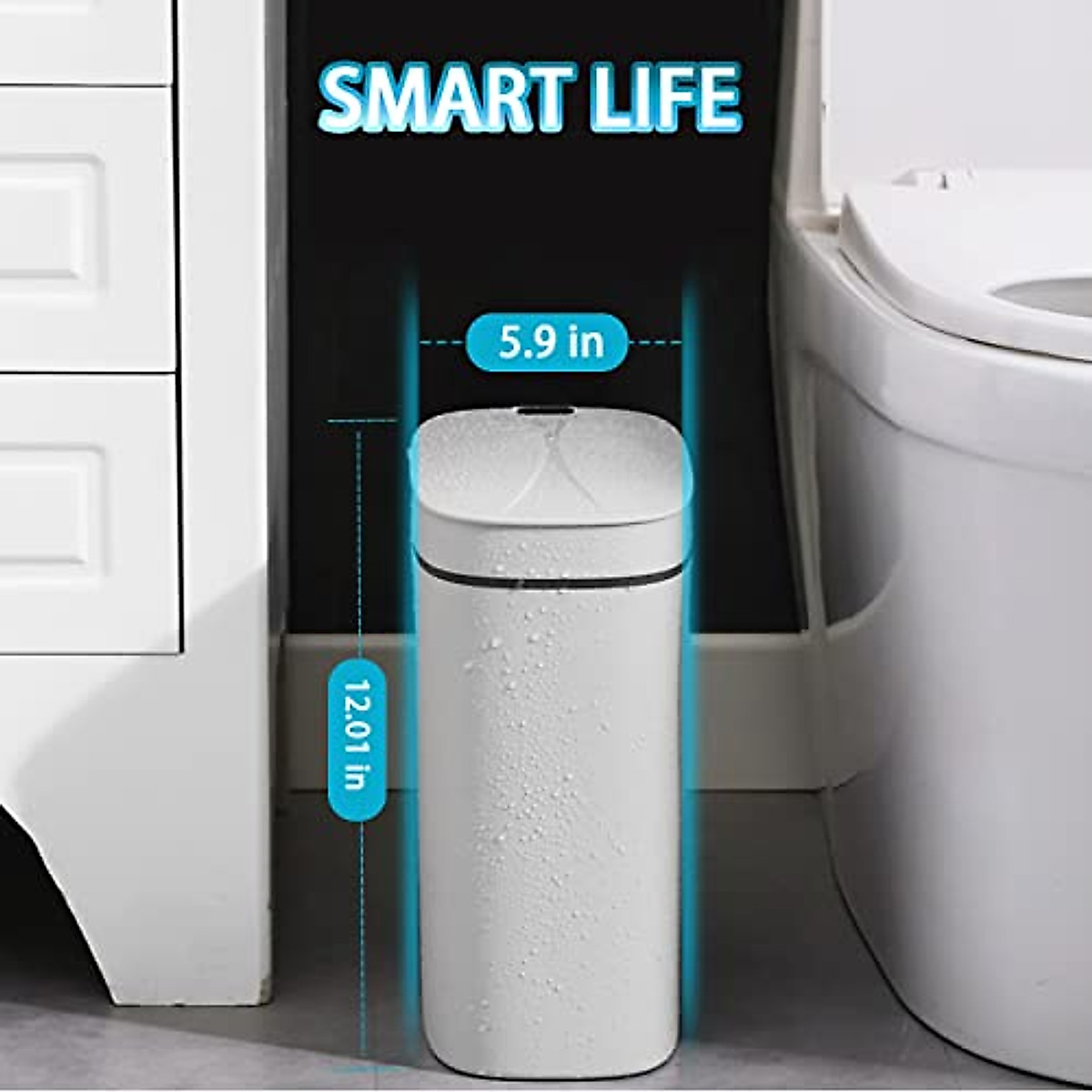 Smart Touchless Bathroom Trash Can with Lid, 3.4 Gallon Volume Automatic Motion Sensor Rubbish Can Waterproof Electric WasteBasket, Narrow Garbage Can for Kitchen/Bedroom/Bathroom/Living Room/Office