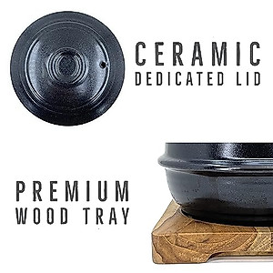 Korean Stone Pot(Dolsot,Ttukbaegi) with Lid, 32oz Premium Ceramic Hot Pot for Bibimbap and Soup, Sizzling for Authentic Korean Cooking, Includes Wooden Tray Set