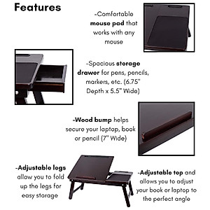 Sofia + Sam Laptop Bed Tray with Storage Drawer and Media Slots | Folding Legs and Mouse Pad | Fits Laptops Up to 15" | Tablets Up to 9.6" | Smart Phones Up to 4" | Espresso | Work from Home Desk
