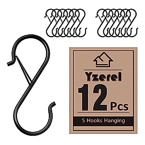 Yzerel 12Pcs S Hooks Hanging Safety Buckle - 3.5 inch Heavy Duty S Hooks,Hanging Plants for Closet Hooks, Clothes, Kitchen Utensil, Pots and Pans, Bags (Black)