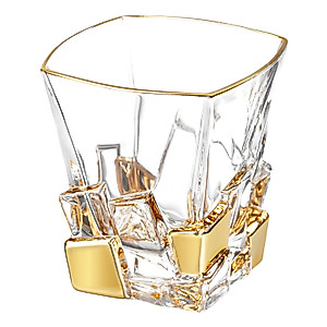 Barski - European Quality Glass - Crystal - Set of 6 - Square Shaped - Double Old Fashioned Tumblers - DOF - 11.7 oz. - with Gold Ice Cubes Design - Glasses are Made in Europe
