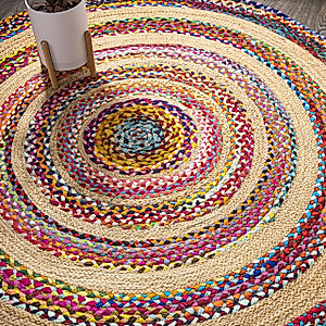 Eyely FNR105A-6R ANSA Collection Isla Round Boho Braided Rag & Jute Indoor Area Rug Geometric, Bohemian, Casual, Bedroom, Kitchen, Living Room, Easy-Cleaning, Non-Shedding, Multi/Natural, 6' Round