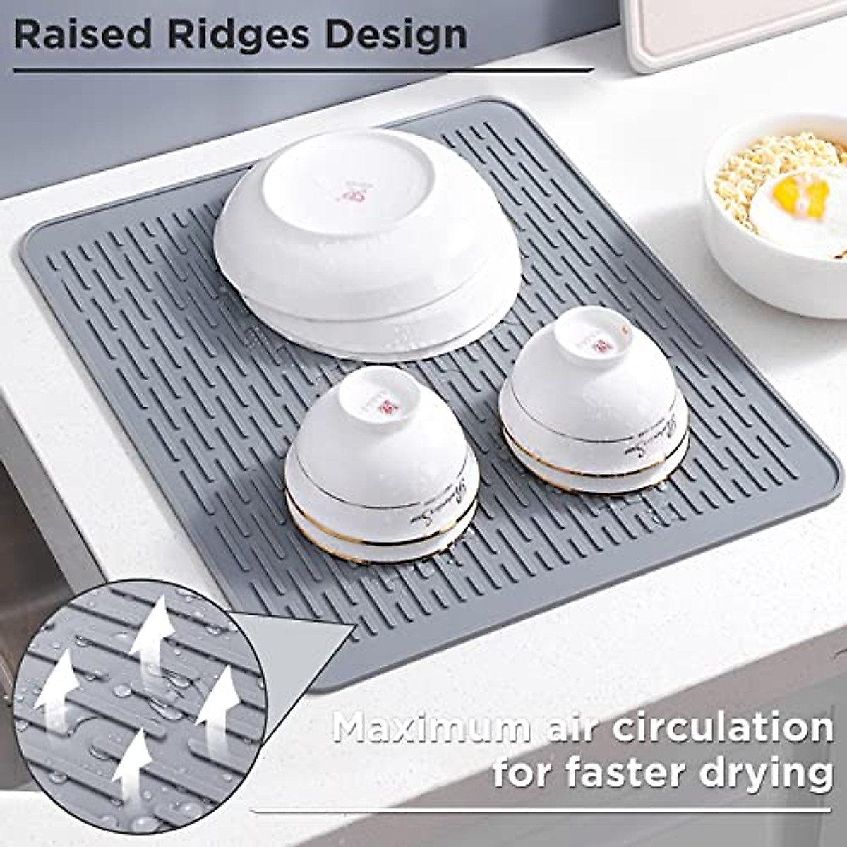 SOSMAR Silicone Drying Mat, XL Size 23” x 18”, Dish Drying Mat, Large Dish Drainer Mat for Kitchen Counter, Heat Resistant Hot Pot Holder, Non-Slip Silicone Sink Mat, BPA Free, Dish Washer Safe, Gray