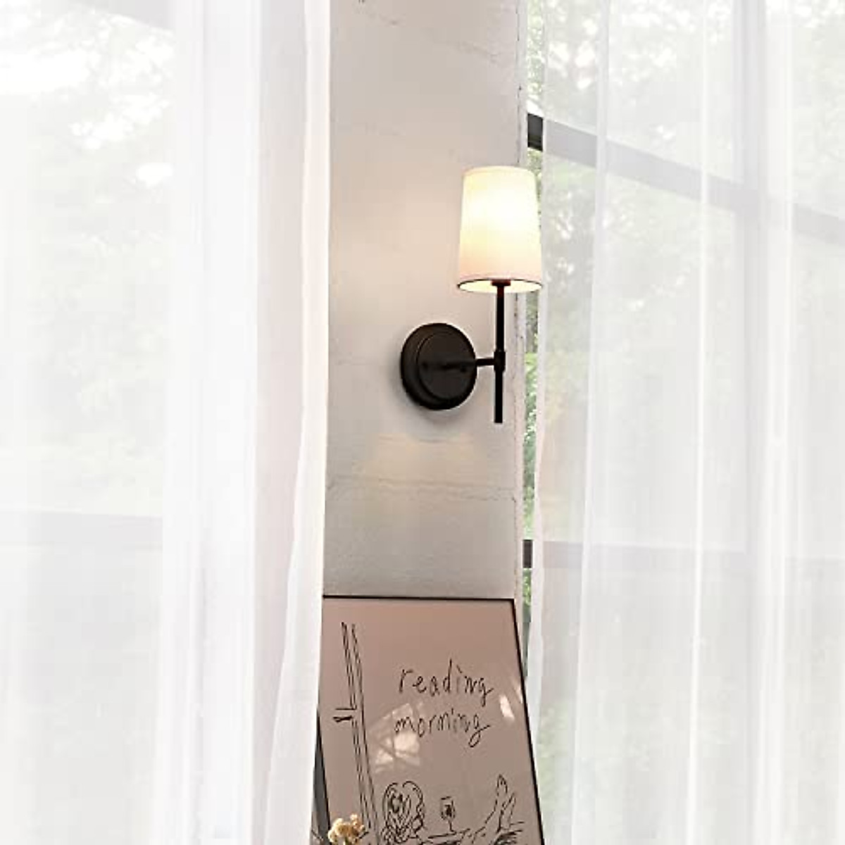 Globe Electric 51859 1-Light Wall Sconce, Matte Black, White Fabric Shade, Wall Lighting, Wall Lamp Dimmable, Wall Lights for Bedroom, Kitchen Sconces Wall Lighting, Home Décor, Bulb Not Included