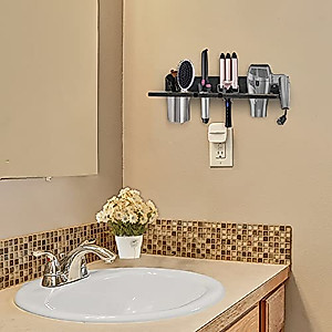 DORAMII Bathroom Wall Mount Hair Dryer Holder Hair Care & Styling Tool Organizer, Farmhouse Wooden Beauty Hair Appliance Holder for Flat Iron, Curling Wand, Hair Straighteners, Brushes,Black