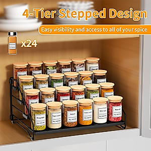 RCHYFEED Spice Rack Organizer for Cabinet Pantry,4 Tier Countertop Spice Rack,Step Spice Organization Easy Visibility,Tierd Depth Expandable Seasoning Shelf for Cabinet Organizer (Black, 1Pack)