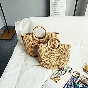 Hand-woven Straw Large Hobo Bag for Women Round Handle Ring Toto Retro Summer Beach (Brown 2)