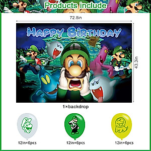 Luigi Mansion Backdrop for Birthday Party Supplies ,1 Happy Birthday Backdrop,18 Ballons for Luigi Mansion Baby Shower Party Decorations, 5 x 3FT Birthday Banner for Girls Boys Party Decorations