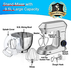 9.5QT Standing Mixer, DOBBOR 7 Speeds 660W Tilt-Head Kitchen Dough Mixer, Electric household mixers with Dough Hook, Whisk, Beater, Splash Guard & Mixing Bowl for Baking - Silver
