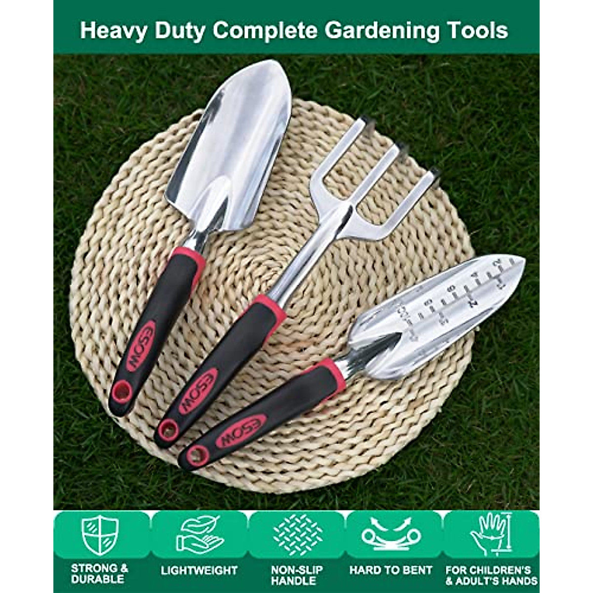 ESOW 11 Includes Hand, Transplant Trowel and Cultivator H Tool Set, 3 Piece Cast-Aluminum Heavy Duty Gardening Kit I, b