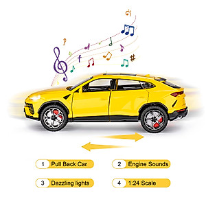 SASBSC Toy Cars for Boys Age 4-7 Lambo Urus Car Toys for 3 4 5 6 7 8 Year Old Boy Off-Road Metal Cars for Kids Diecast Model Cars with Light and Sound Birthday Gifts(Yellow, 1:24)